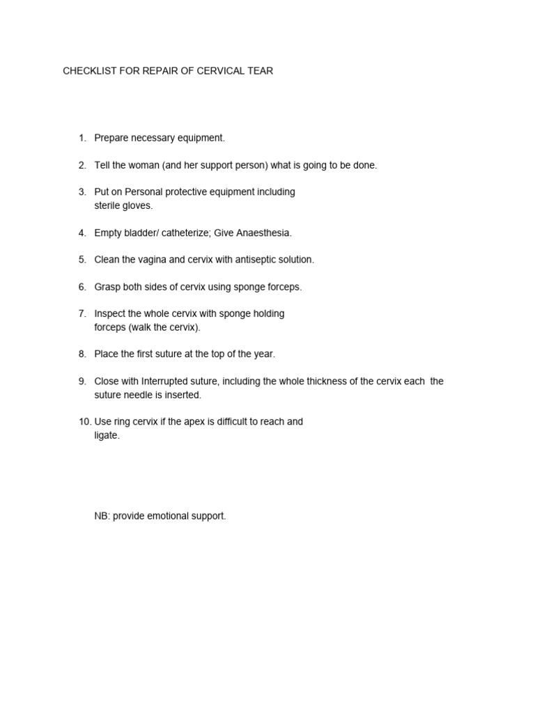 Cervical Tear Repair Checklist | PDF
