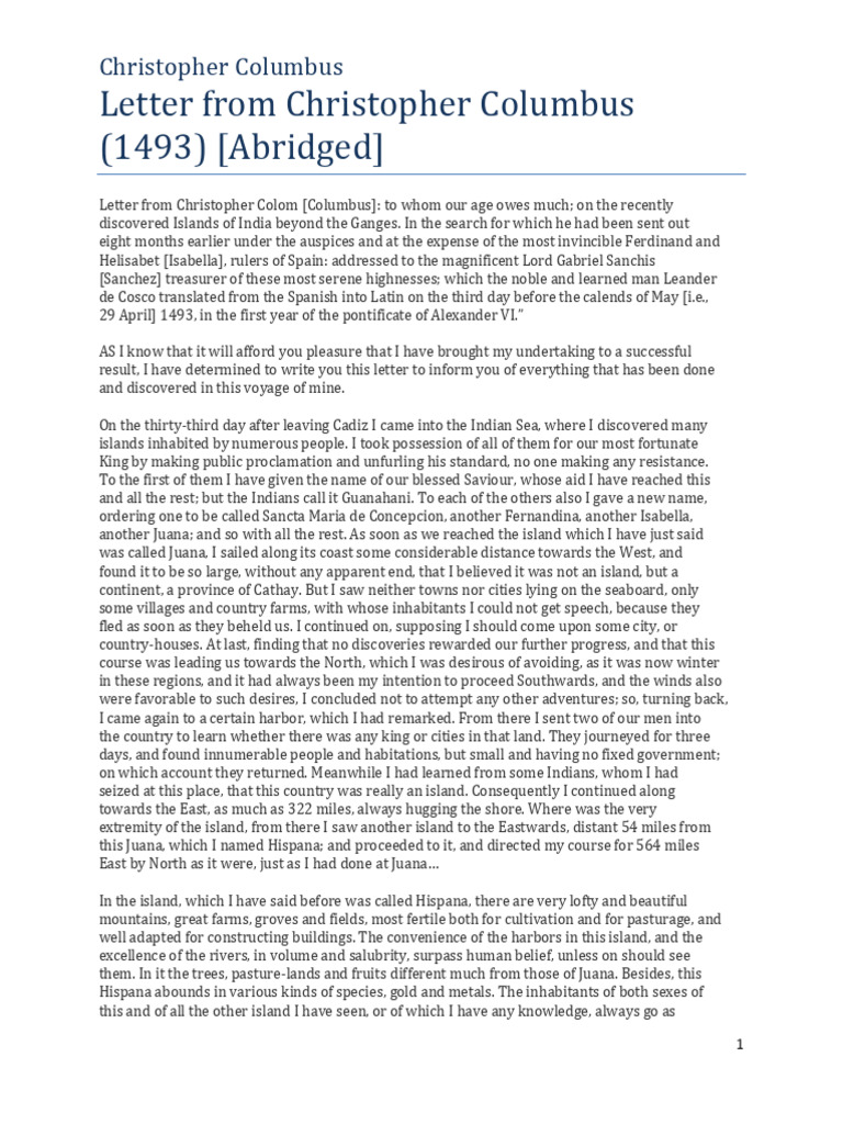 Letter From Christophe Columbus (1493) | PDF | Christopher Columbus ...