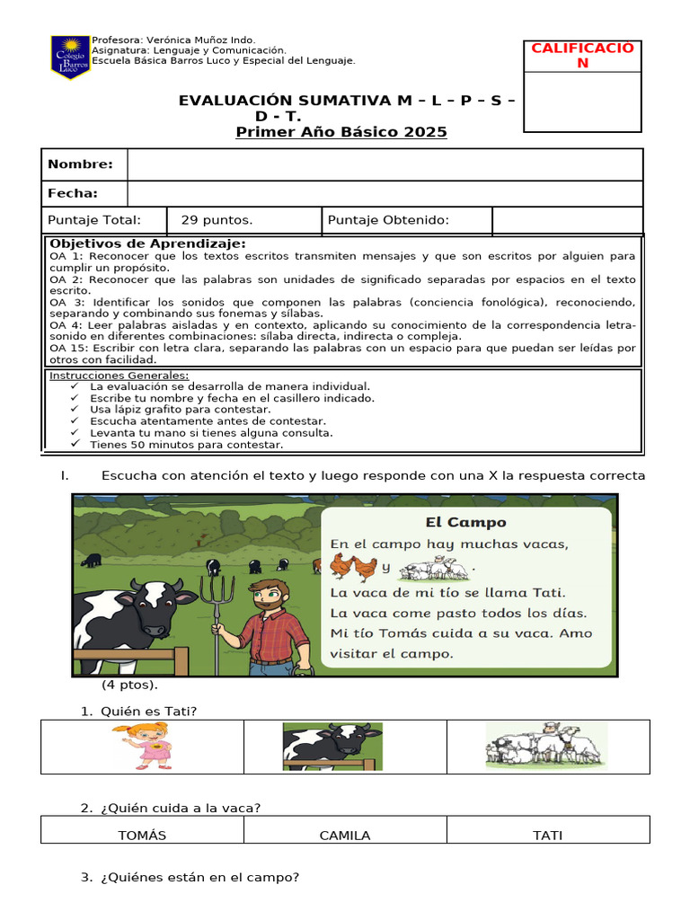 PRUEBA SUMATIVA M . L. P. S. T. D Y NEXO Y | PDF | Comunicación | Aprendizaje
