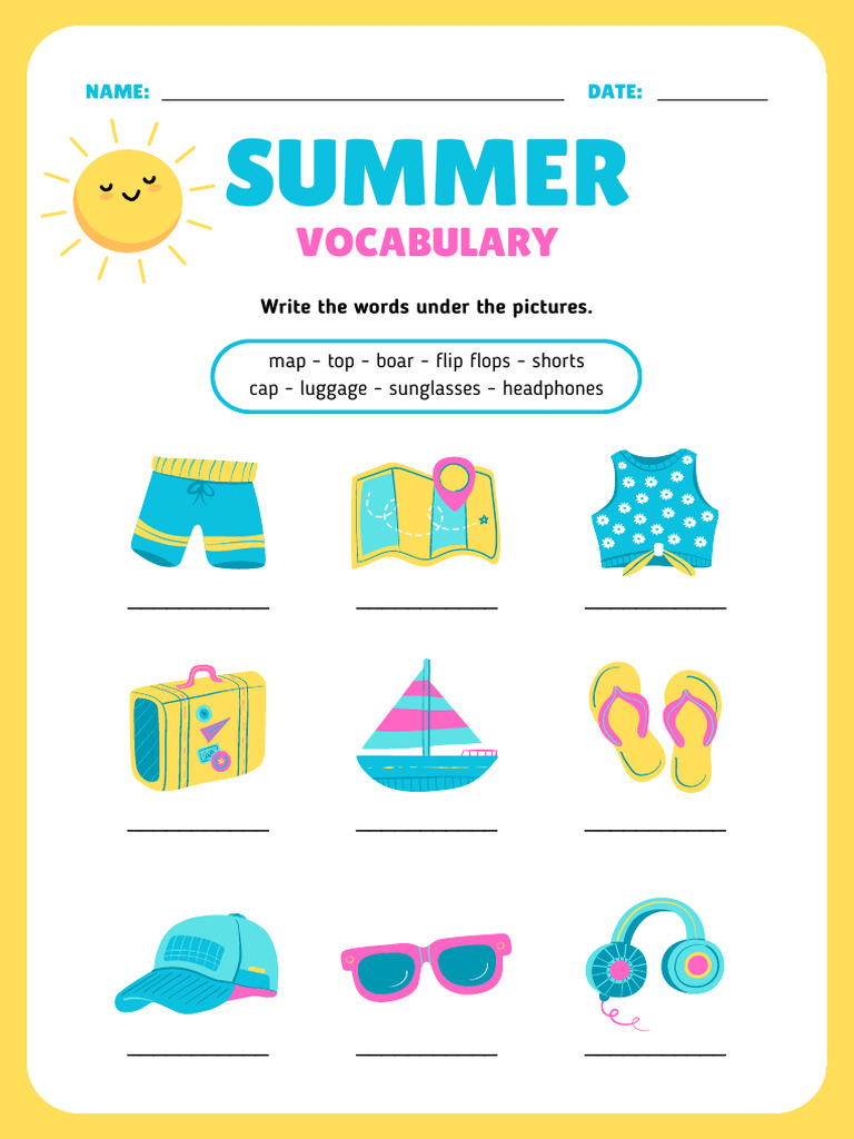 Summer Vocabulary Worksheet in Yellow Blue Cute Style | PDF