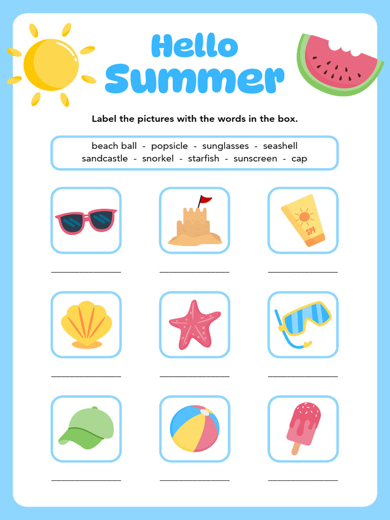 Summer Vocabulary Worksheet in Blue Pink Cute Style | PDF