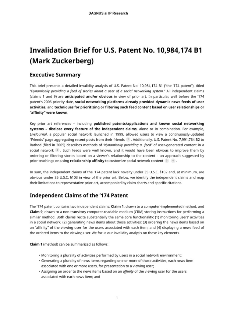 Dagnus IP 10,984,174 Meta LLC | PDF | Prior Art | Internet Forum