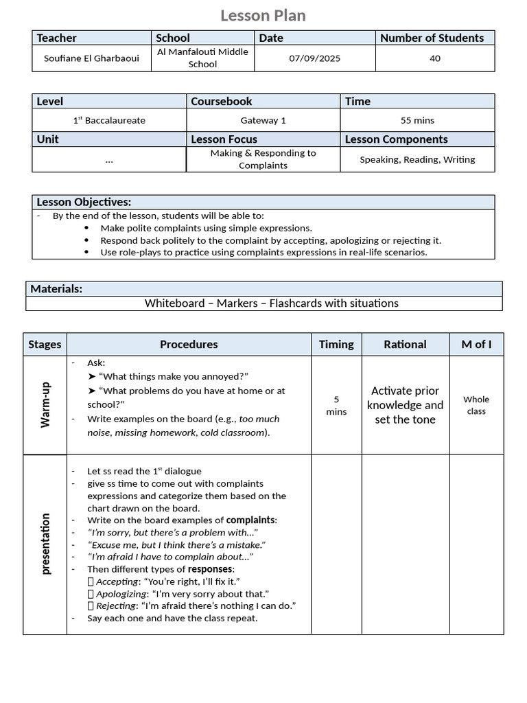 Making & Responding To Complaints Lesson Plan-1 | PDF | Human ...