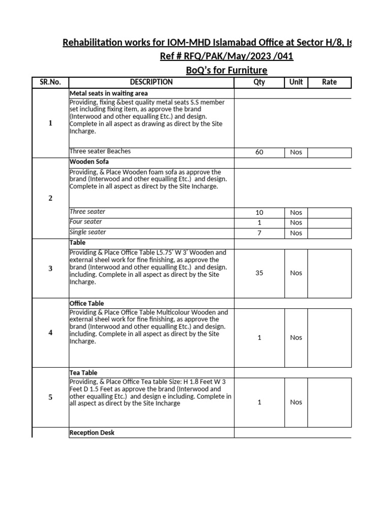 Boq May 23 041 Supply of Furniture | PDF | Desk | Chair