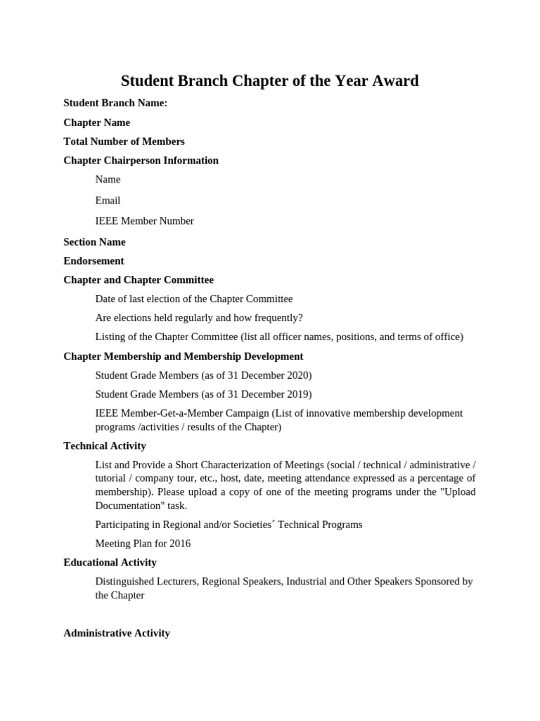 Region 8 Student Branch Chapter of The Year Award Nomination Form | PDF