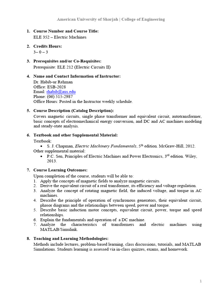 Syllabus CEN ELE 352 Fall25 | PDF | Electric Motor | Transformer