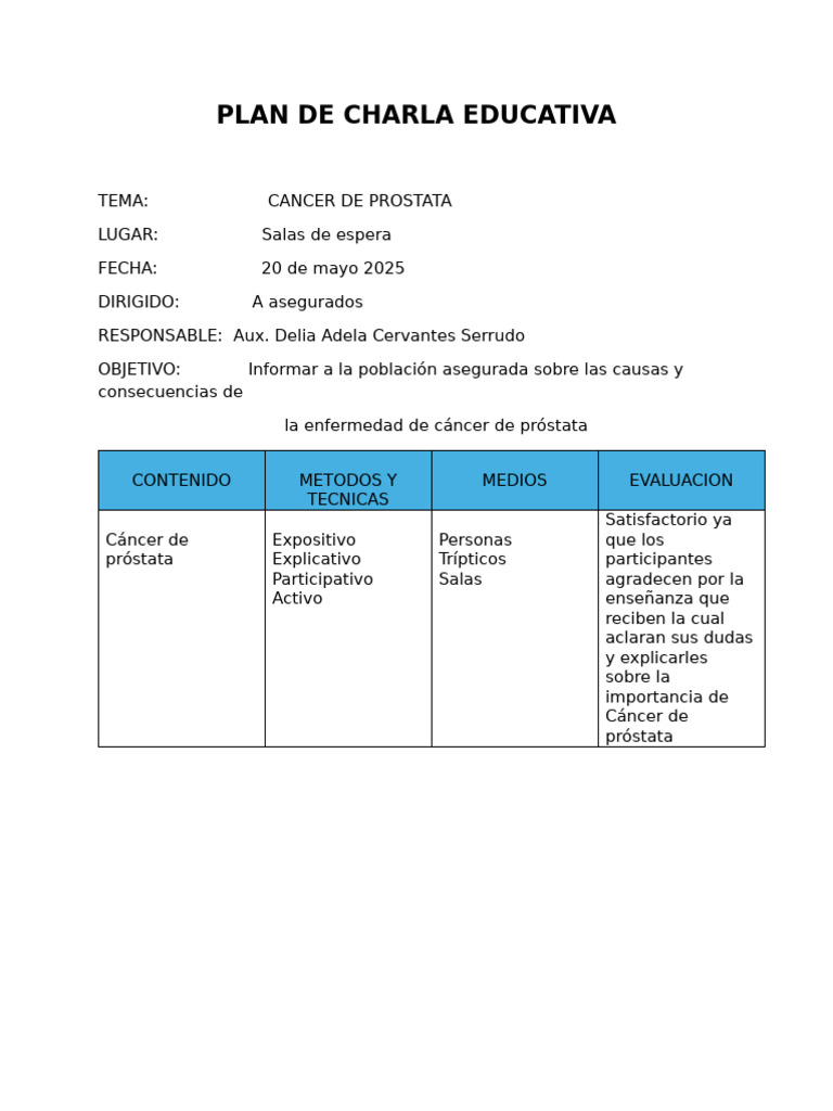 Plan de Charla Educativa Mayo | PDF | Medicina CLINICA | Medicina