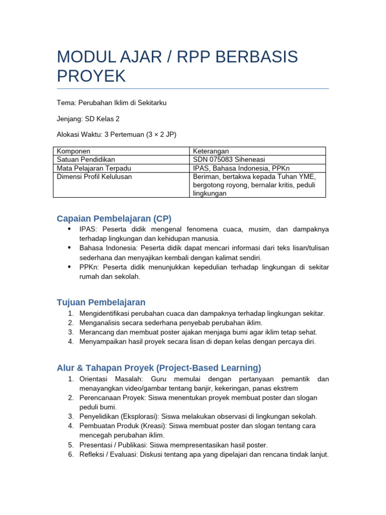 RPP Proyek Perubahan Iklim SD Kelas 2 | PDF