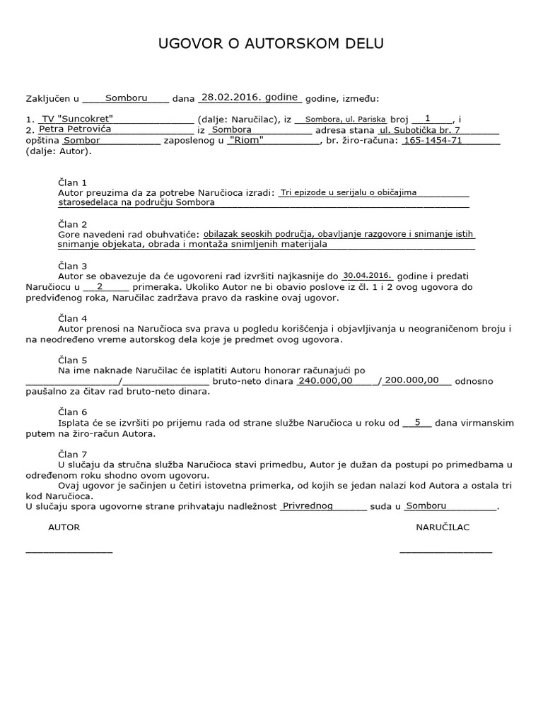 Ugovor o Autorskom Delu | PDF