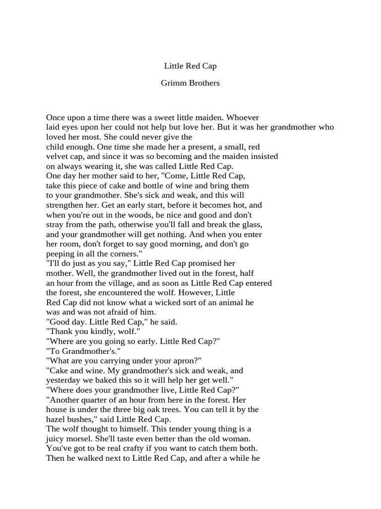 Little Red Cap - Grimm Brothers | PDF | Folklore | Fairy Tales