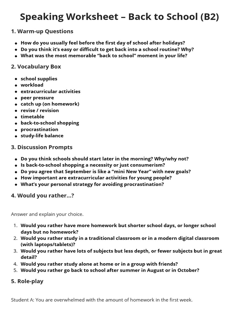 Back to School Speaking Worksheet | PDF