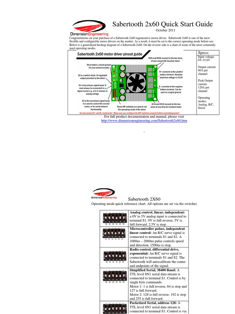 Sabertooth 2x60 Quick Start Guide: Specs | PDF | Technology & Engineering