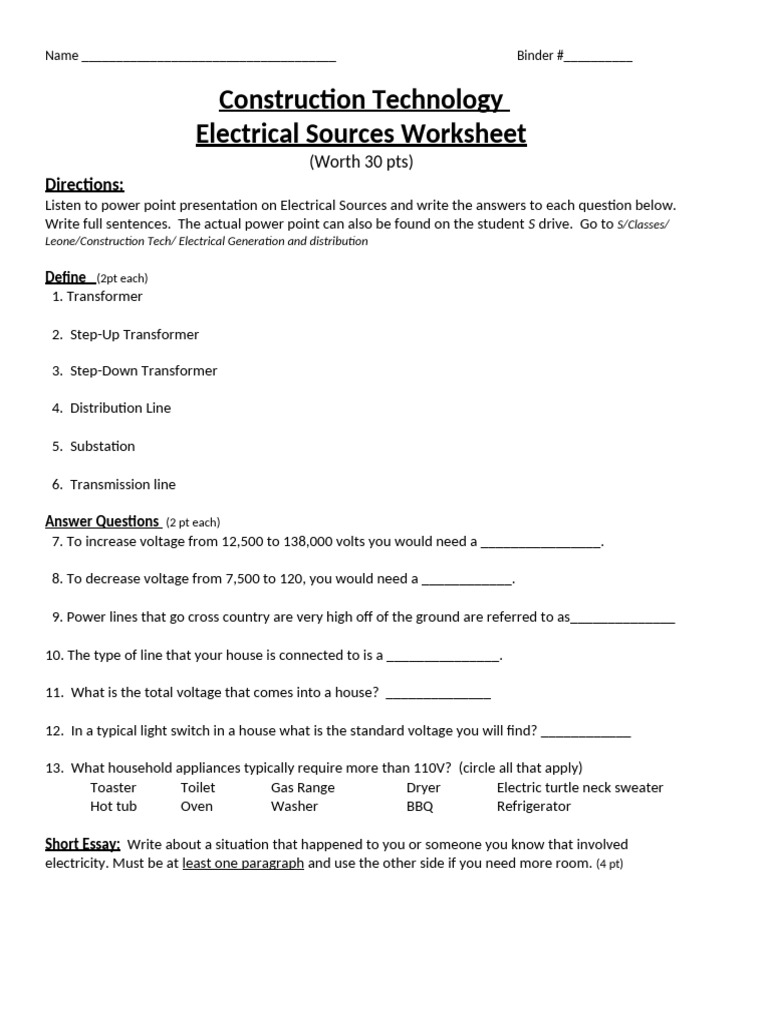 3 - Electricity Sources Worksheet | PDF