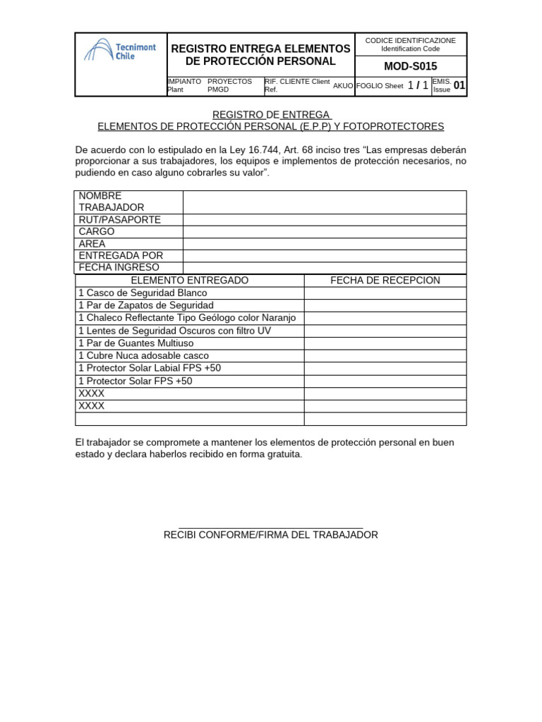 Registro Entrega Epp Mod-S015 | PDF