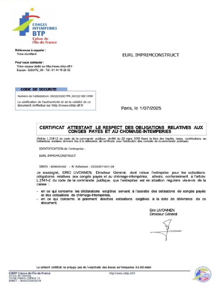 Attestation De Congs Pays Caisse Du Btiment