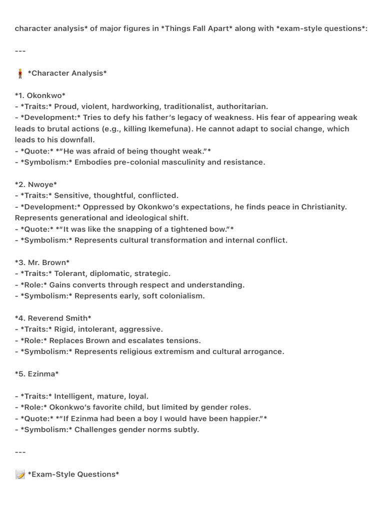 Character Analysis & Exam Questions: Things Fall Apart | PDF