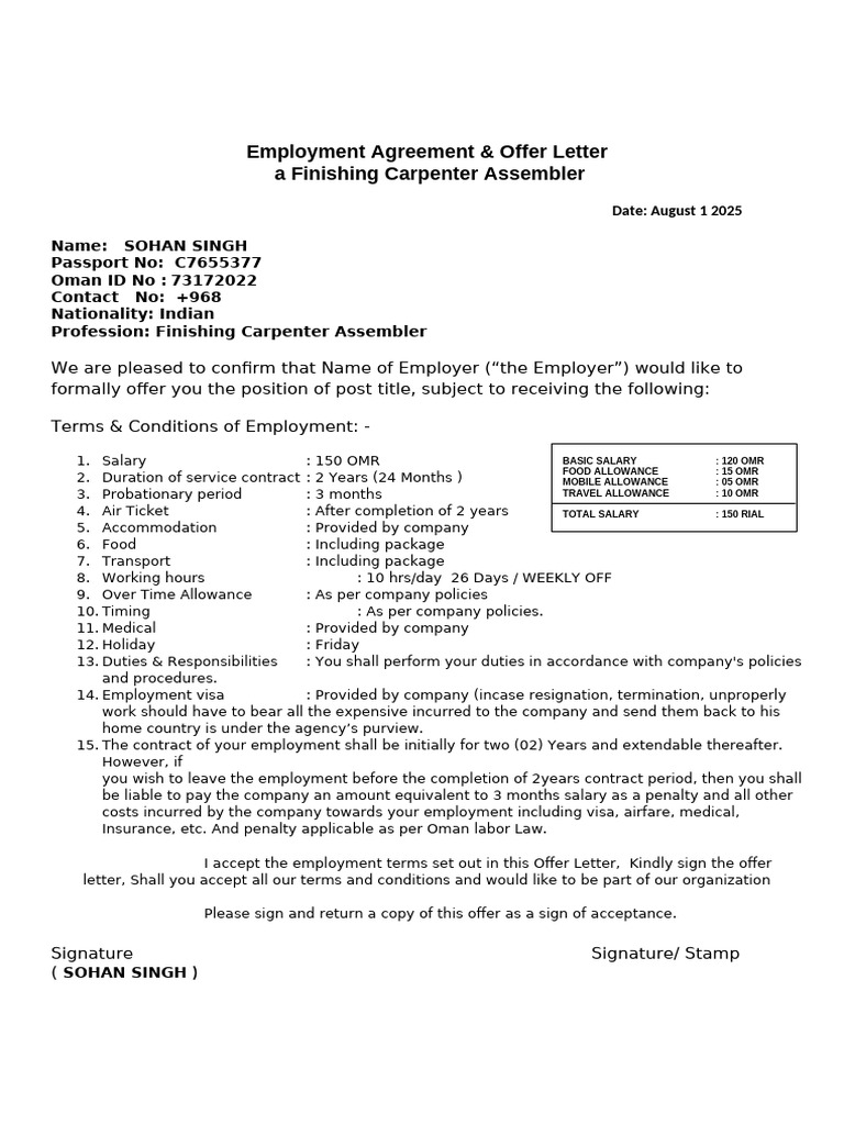 Sohan Singh Employment Offer Letter | PDF | Employment | Salary