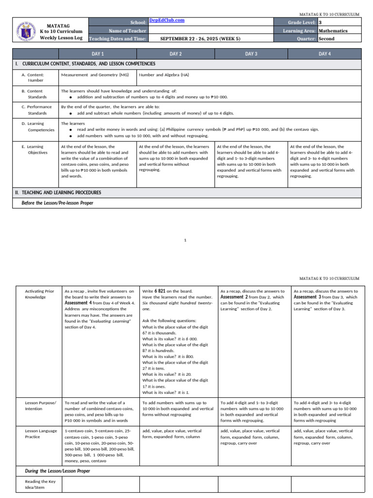 DLL Matatag Math 3 q2 w5 | PDF