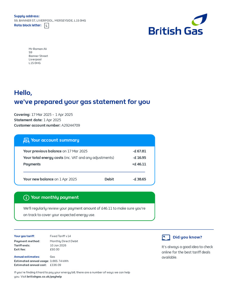 British Gas Statement Overview | PDF | Annual Percentage Rate | Economies