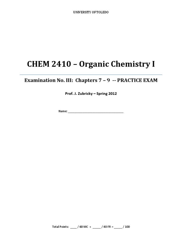 Chem 2410 Organic Chemistry Exam III | PDF | Chemical Reactions ...