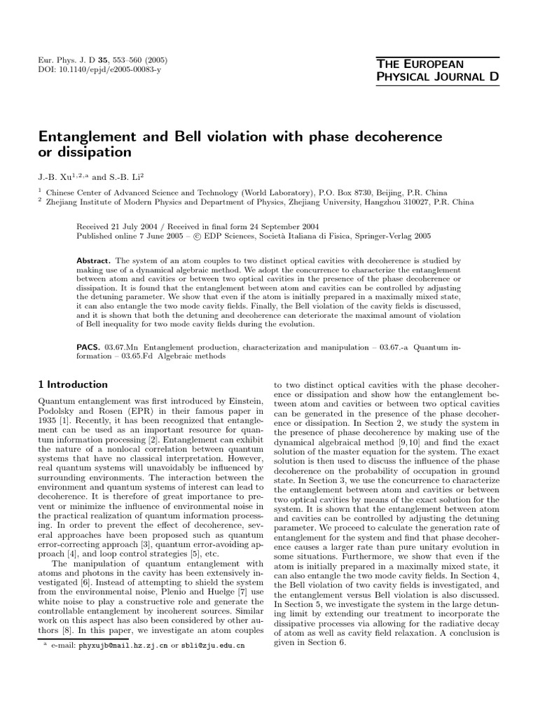 Entanglement and Bell Violation With Phase Decoherence | PDF | Quantum ...