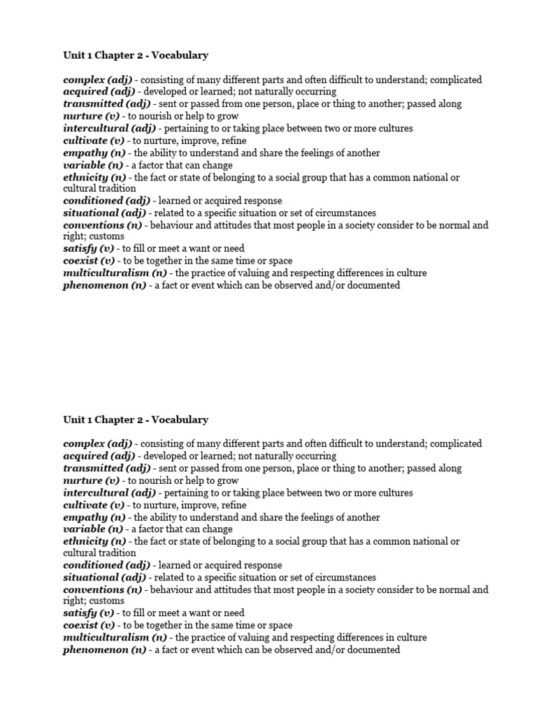 Unit 1 Chapter 2 - Vocabulary | PDF