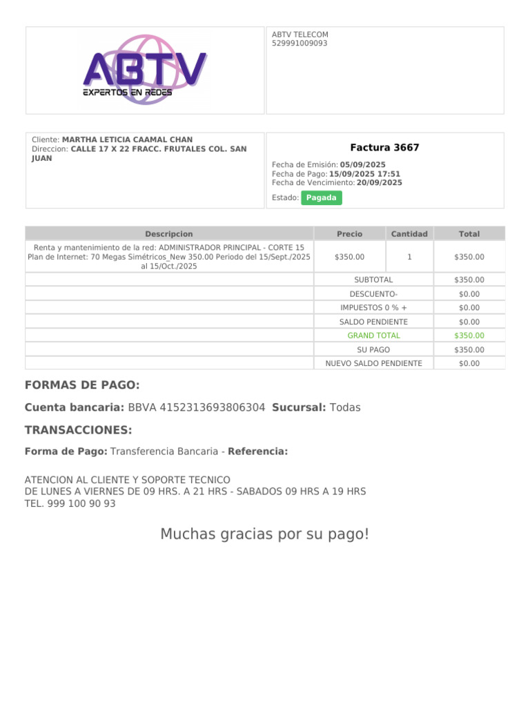 Factura ABTV Telecom - Internet 70 Megas | PDF