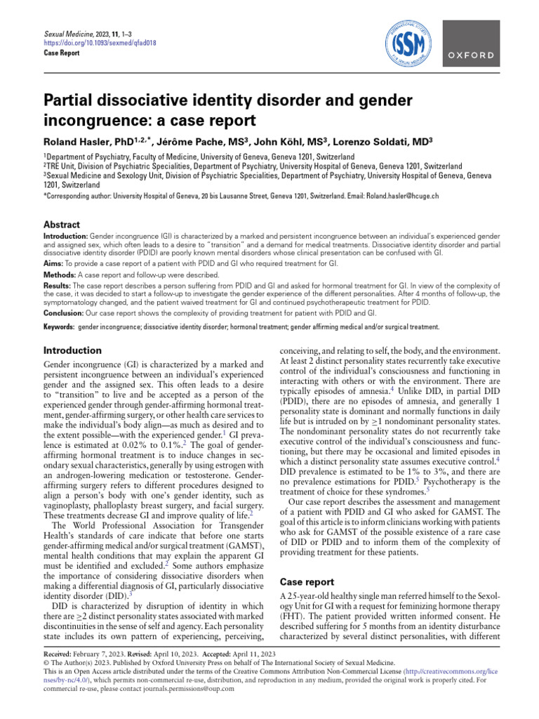 (2023) Partial Dissociative Identity Disorder and Gender Incongruence ...