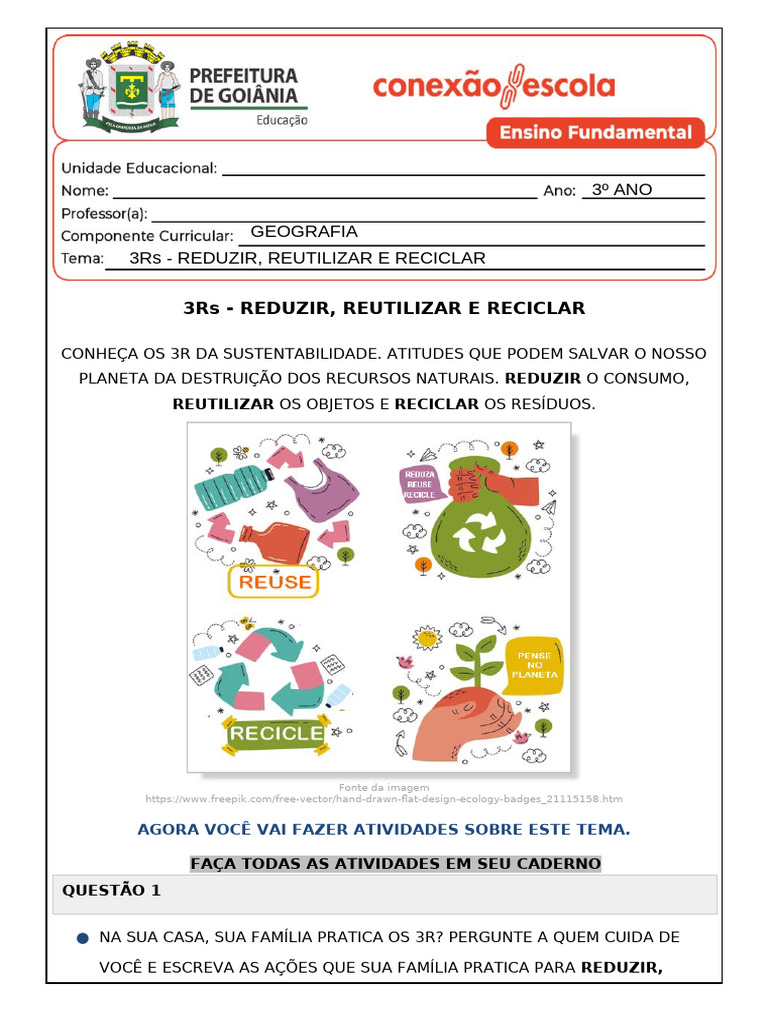 Atividade - 3Rs - Reduzir, Reutilizar e Reciclar | PDF | Reciclagem | Desperdício