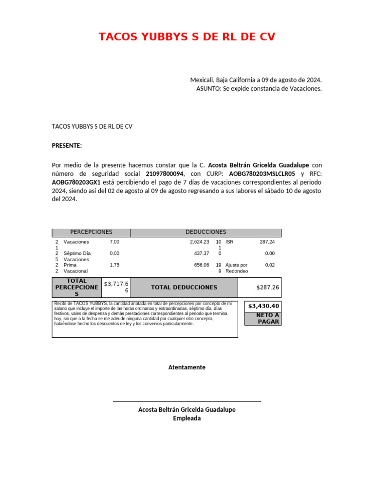CARTA Acosta Beltrán Gricelda Guadalupe | PDF