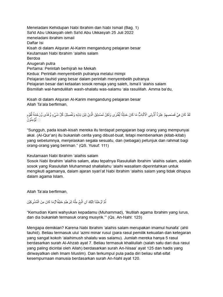 Meneladani Kehidupan Nabi Ibrahim Dan Nabi Ismail Bag1 | PDF