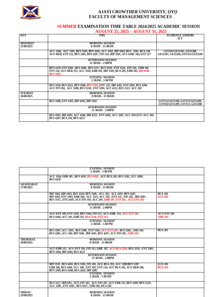 FMS Summer Exam Timetable 2025 | PDF