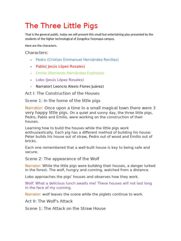 The Three Little Pigs Play Script | PDF