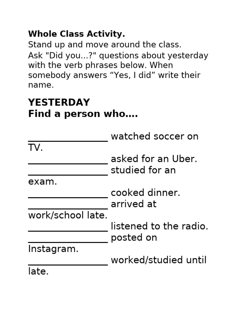 Class Activity: Yesterday's Experiences | PDF