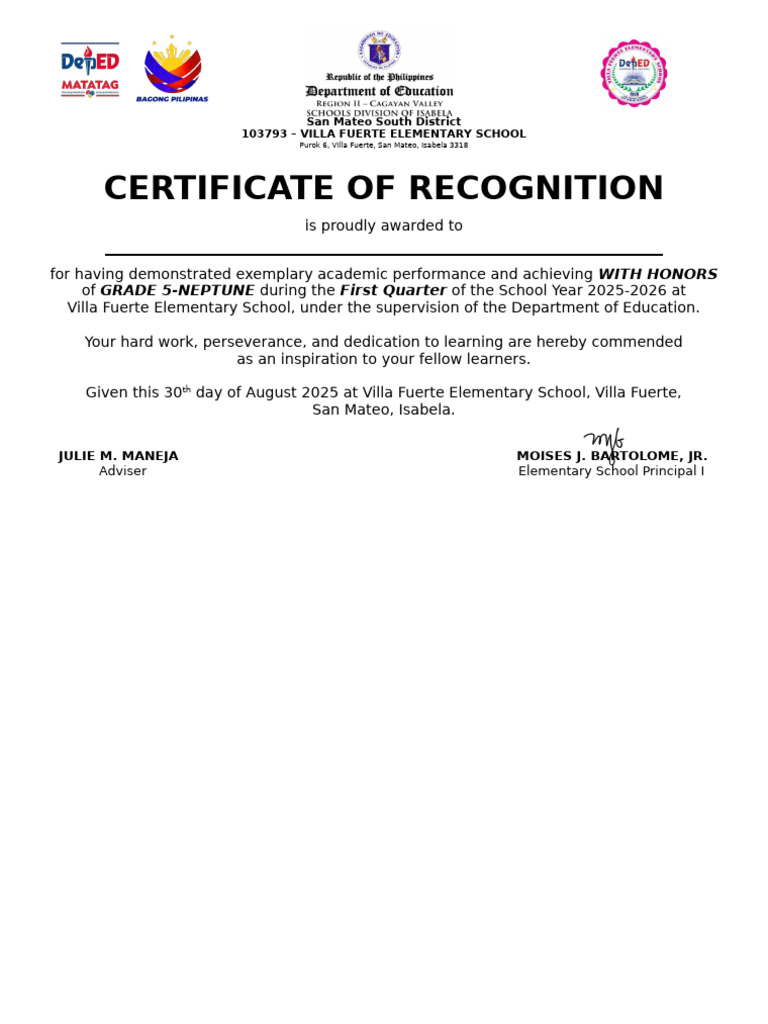 Villa Fuerte Elementary Honors Certificate | PDF