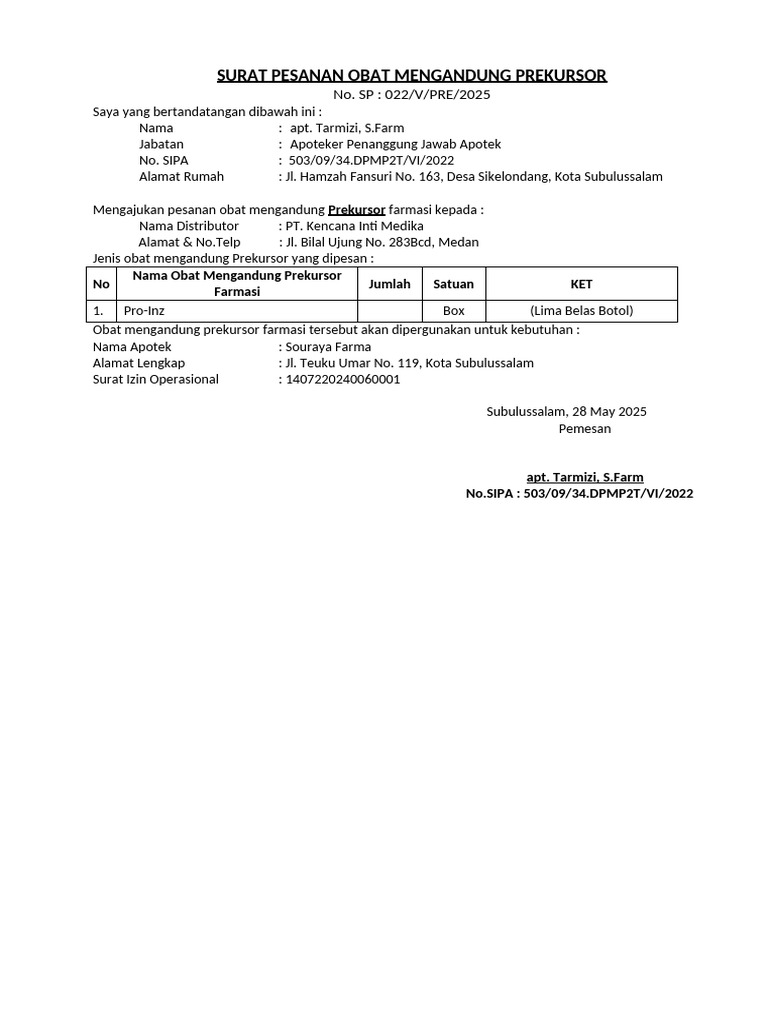 Surat Pesanan Obat Prekursor 2025 | PDF