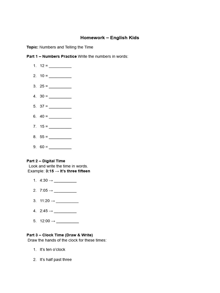 English Homework: Numbers & Time | PDF