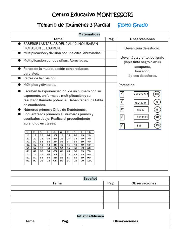 Temario de Exámenes 3 Parcial Sexto Grado 2025 | PDF