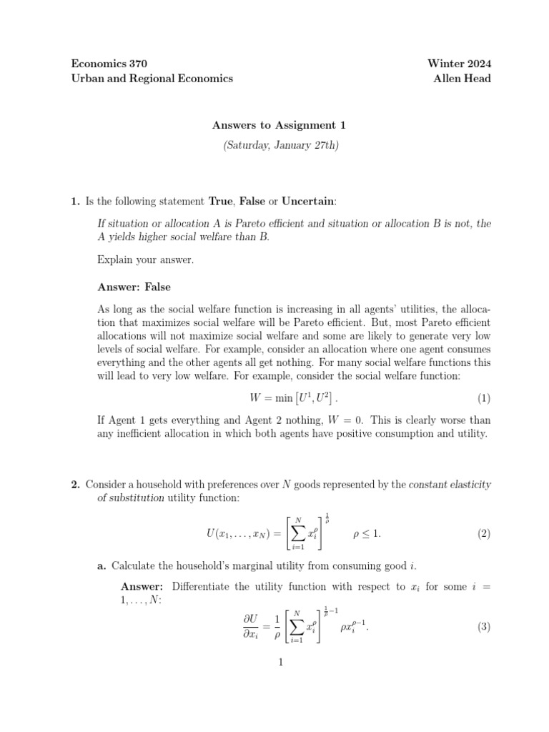 ECON 370 Answers To Assignment 1 - Winter 2024 | PDF | Utility ...