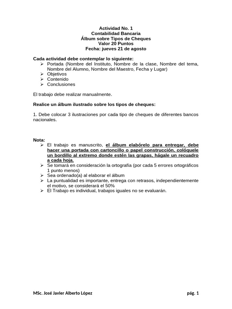 Actividad No. 1 Album Sobre Tipos de Cheques | PDF