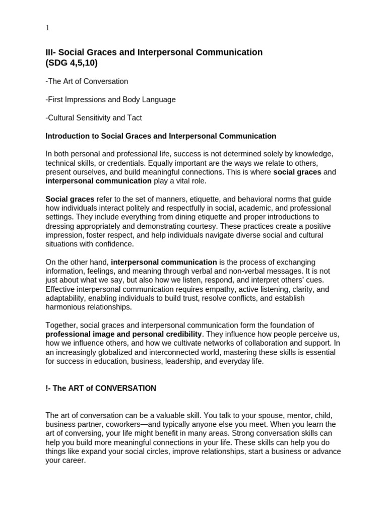 III Social Graces and Interpersonal Communication | PDF | Body Language ...