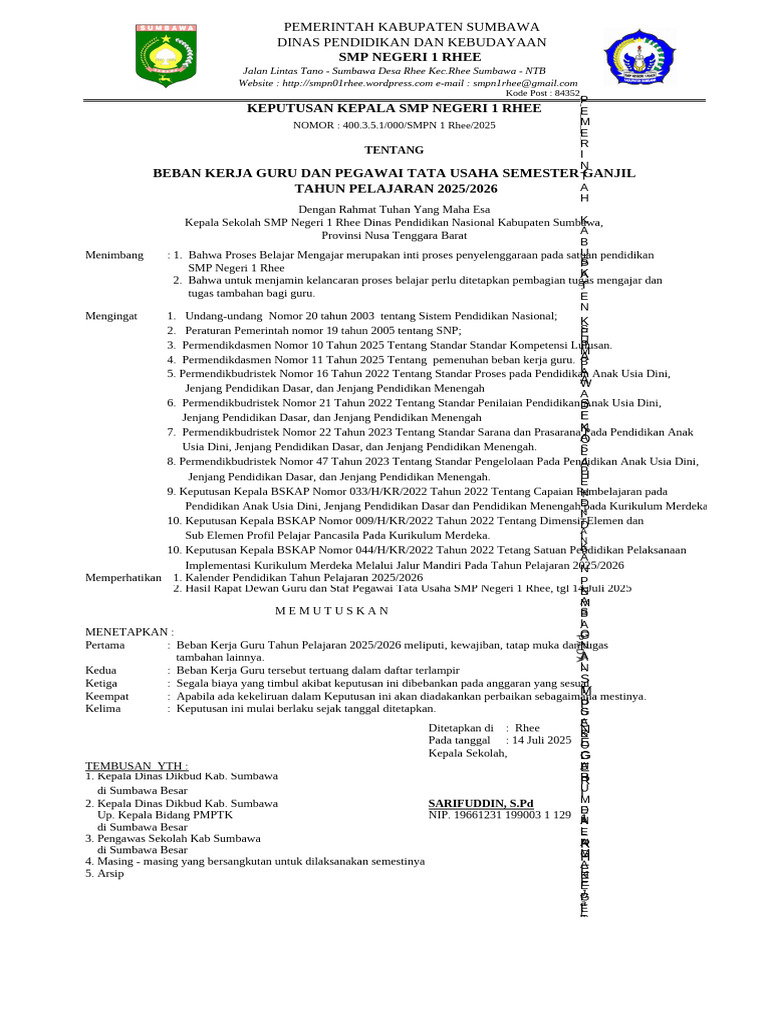 Sk Pembagian Tugas Semester Ganjil 2025-2026 Dapodik | PDF