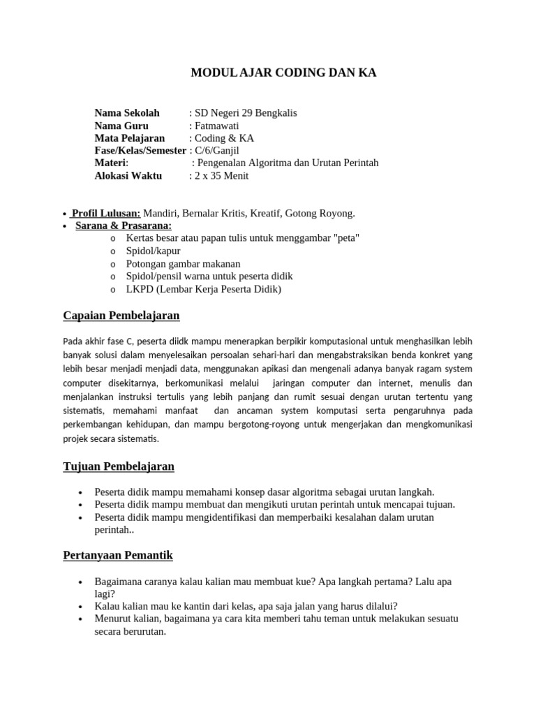 Modul Ajar Coding Unplagged | PDF