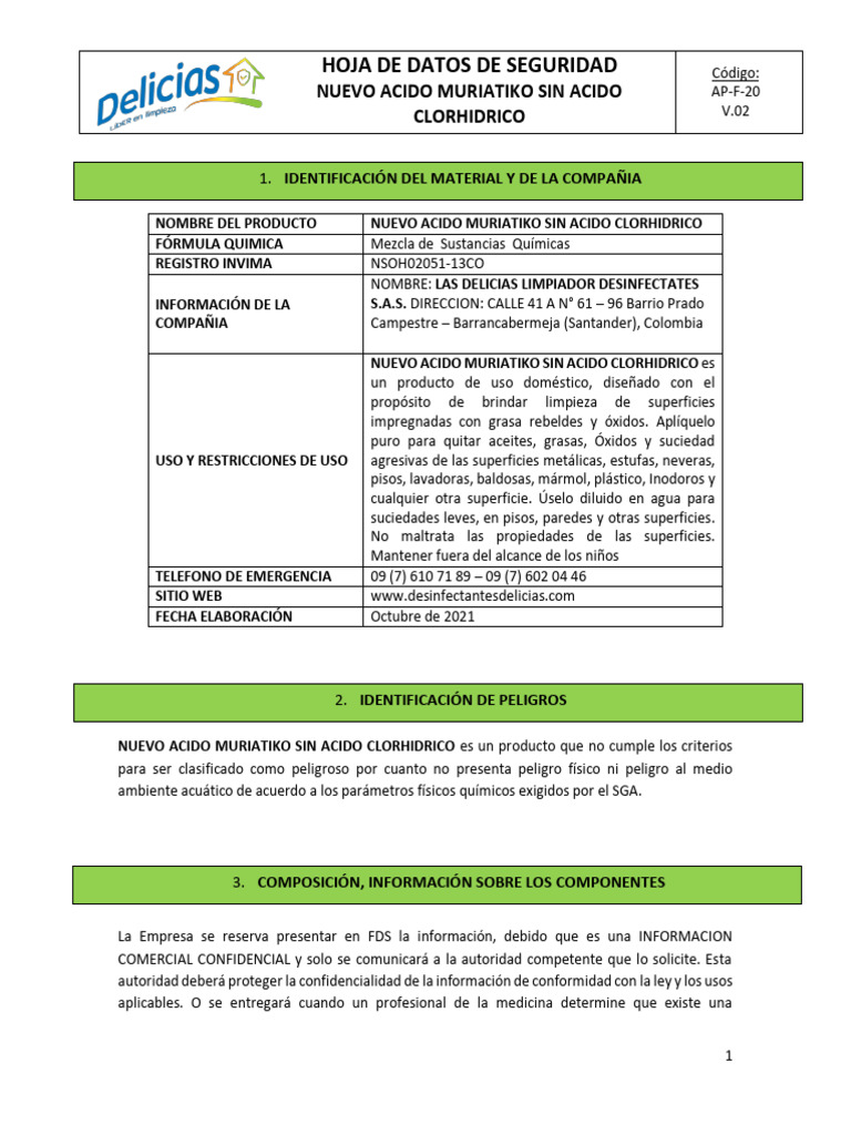 Hoja Segurid - Nuevo Acido Muriatik Sin Acd Clorh. | PDF | Agua | Solubilidad