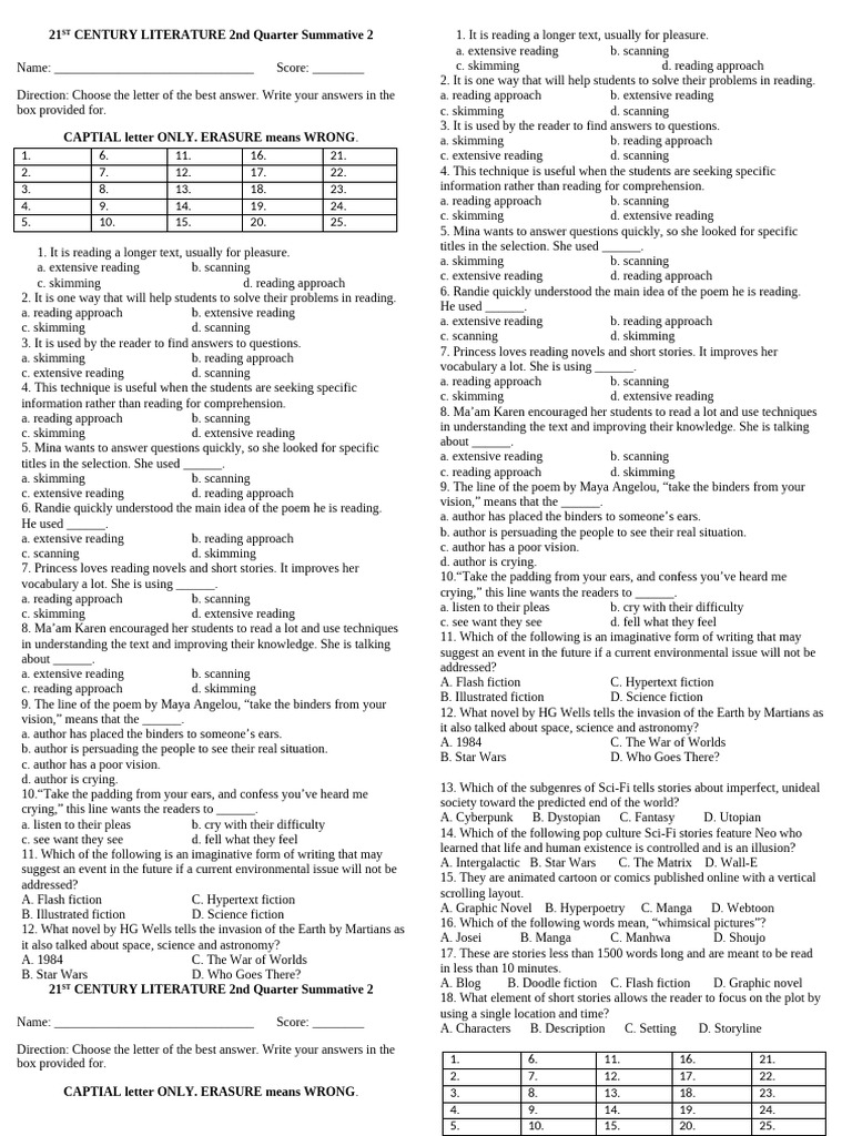 21st CENTURY Q2 Summative 2 | PDF | Speed Reading | Narration
