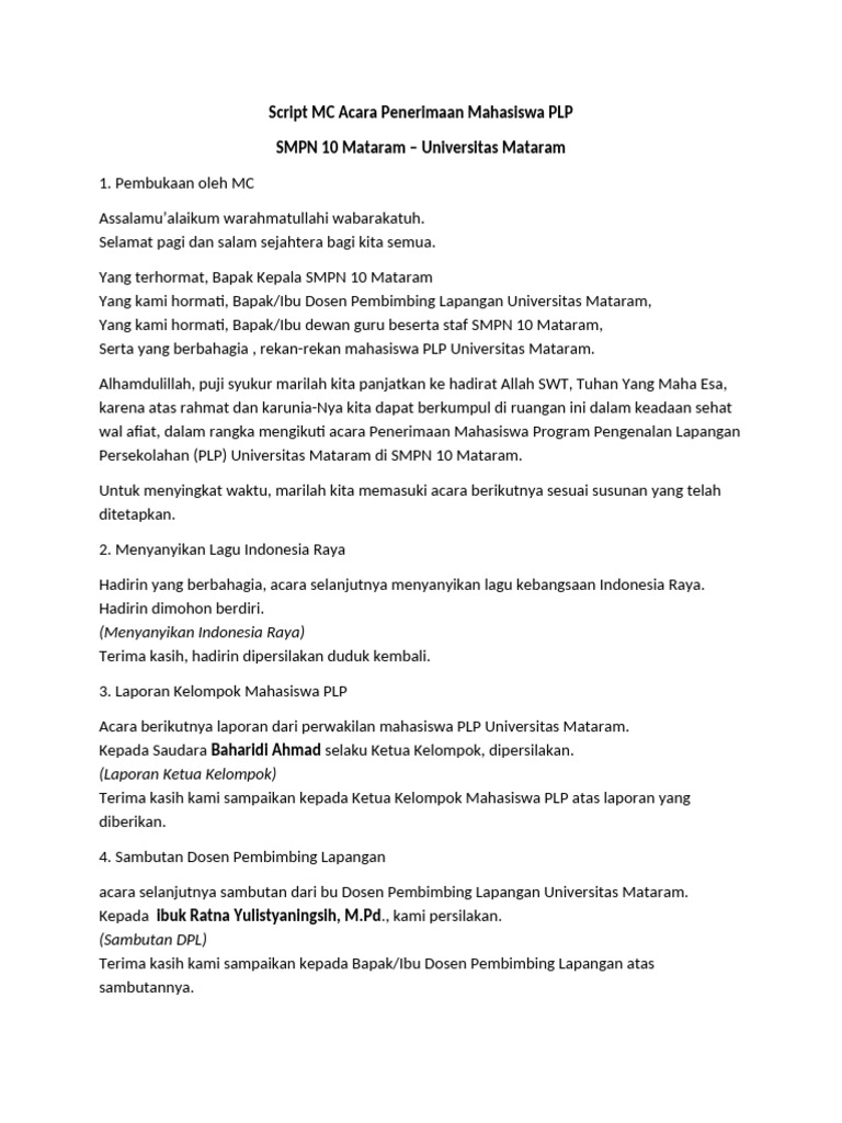 Skrip MC Penerimaan Mahasiswa PLP | PDF