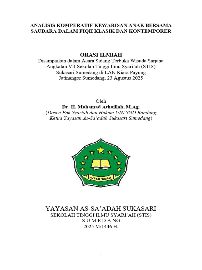Orasi Ilmiah Wisuda STIS Angk 7 Kewarisan Anak Bersama Saudara DLM Fiqh ...