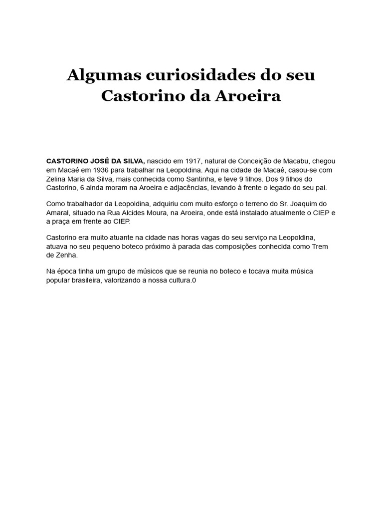 Curiosidades sobre Castorino da Aroeira | PDF