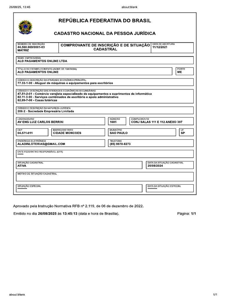 Cartão CNPJ - Ald Pagamentos Online Ltda | PDF