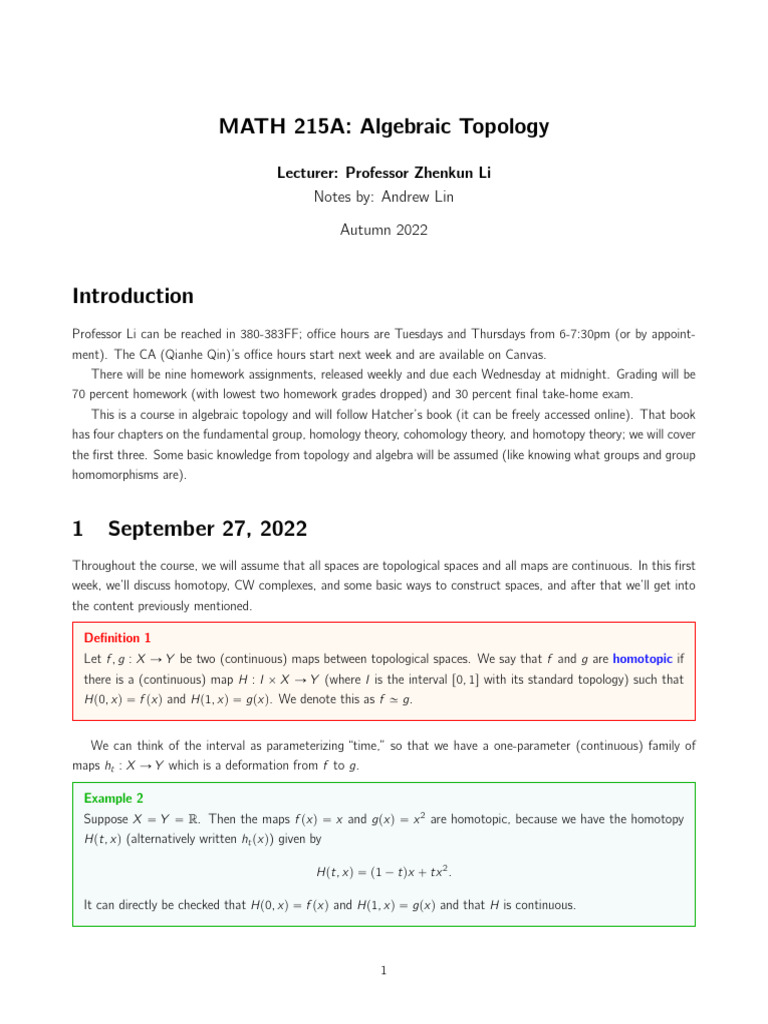MATH 215A: Algebraic Topology Course Guide | PDF | Algebraic Topology ...
